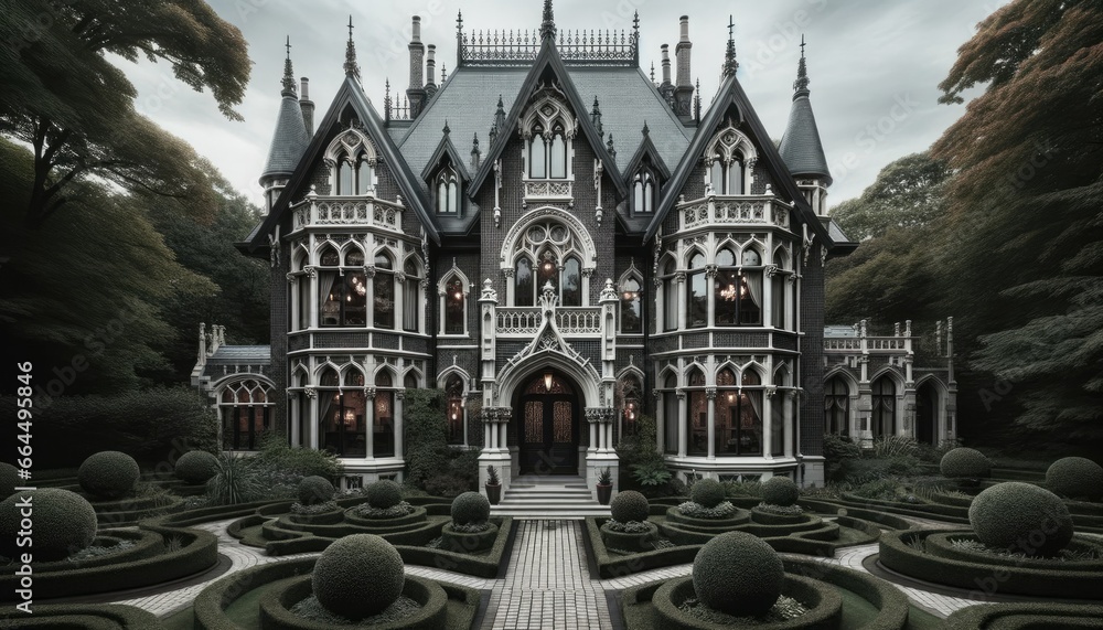 Grand house reflecting gothic design principles. The facade ...