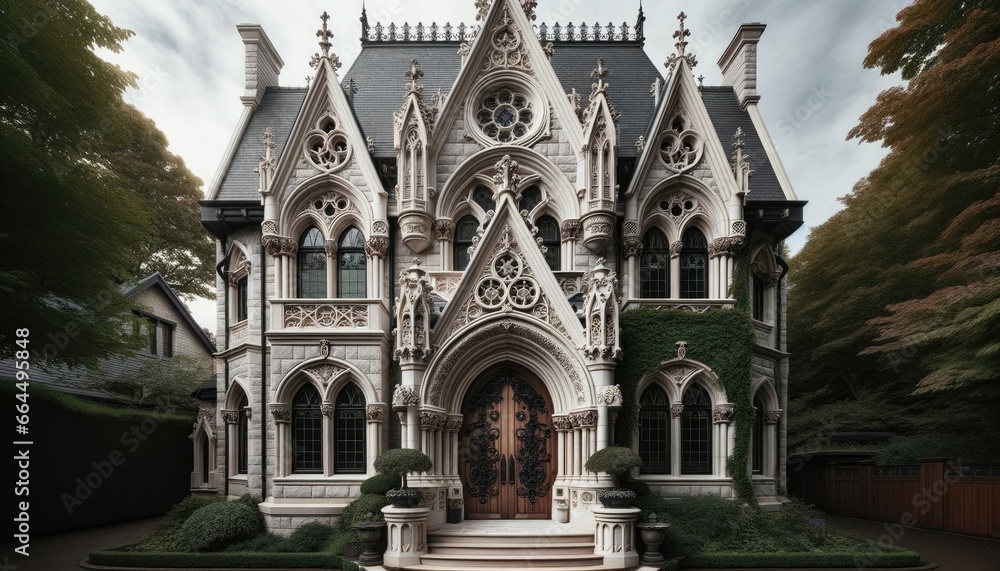 House exuding gothic architectural elements. It features ornate ...