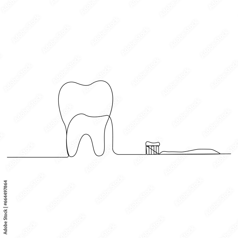 Continuous one line drawing of tooth outline vector drawing and tooth ...