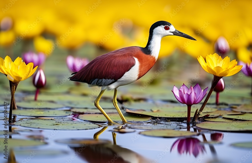 Colorful African wader with long toes next to violet water lily in ...