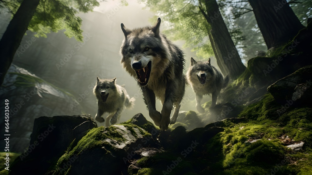 Fierce Wolves in a Misty Forest. Three Wolves Running in the Woods ...