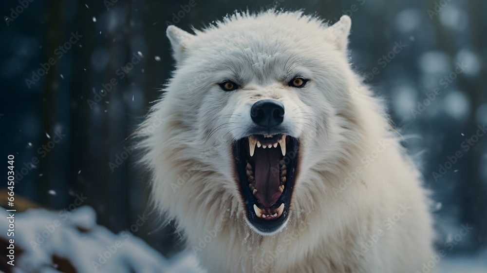 Snarling White Wolf in a Moody Winter Scene. A White Wolf Bares Its ...