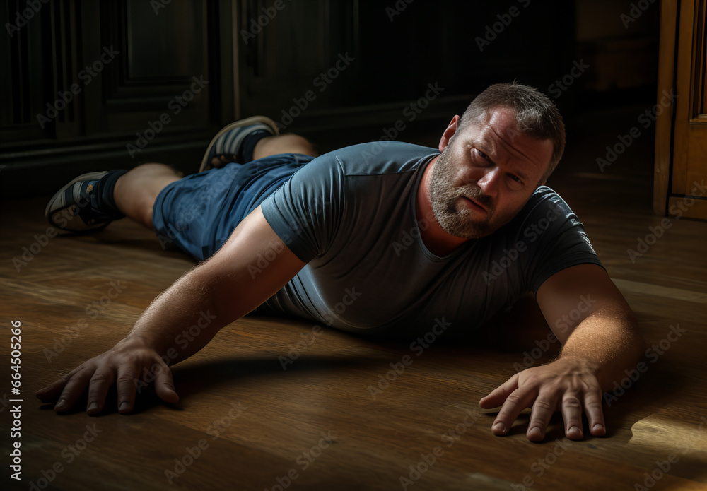 Man fallen on floor, injured, heart attack, broken bones, in need of ...