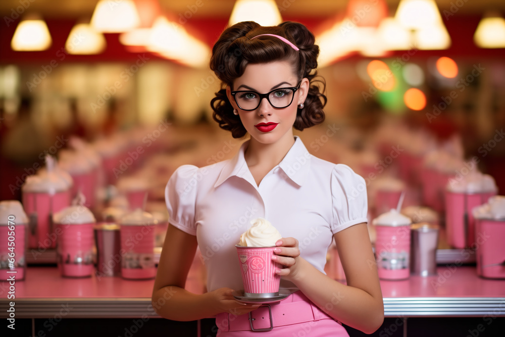 A trip down memory lane with a 50s diner scene; a waitress in cat-eye ...