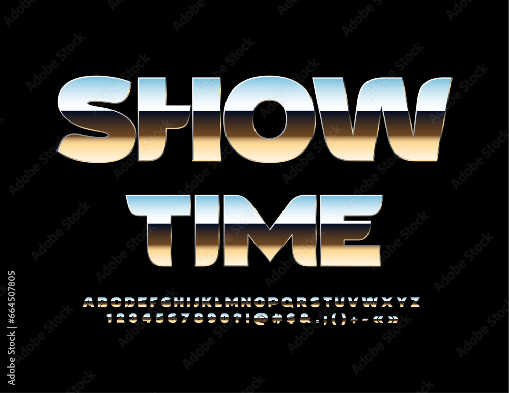 Vector premium poster Show Time. Shiny silver Font. Reflective set of ...