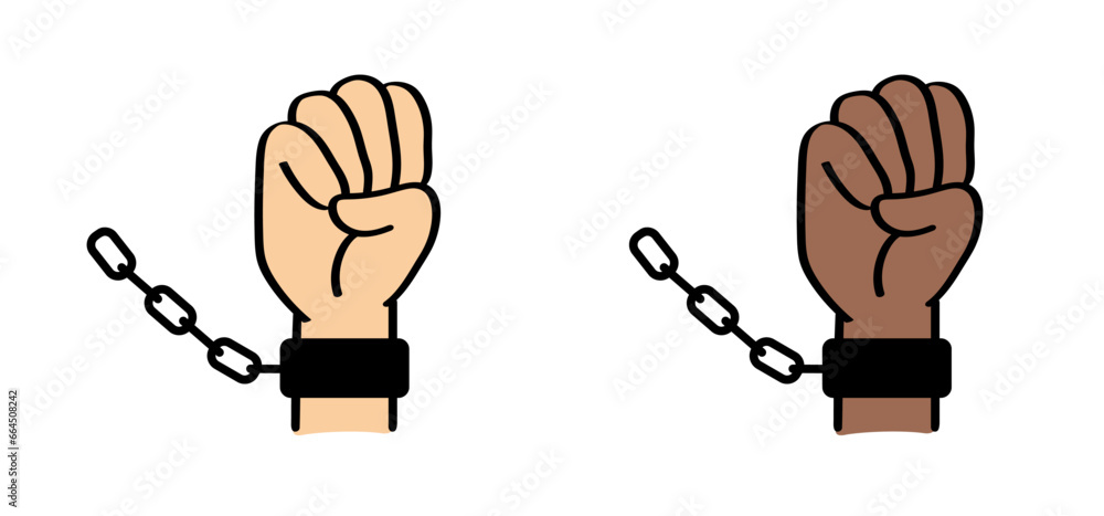 Arrest. Chain of slavery, hand in handcuffs. Broken, chained ...