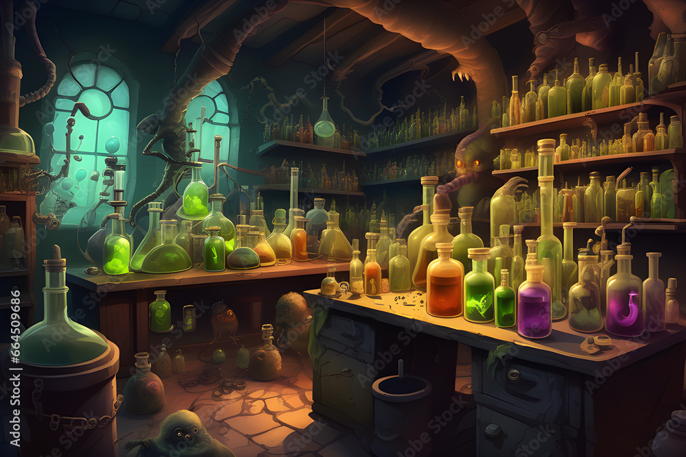 interior of a mad scientist's laboratory, with all its chemical ...