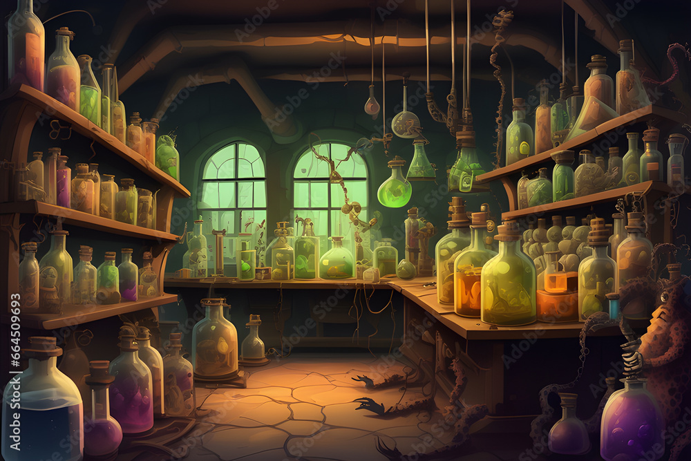 interior of a mad scientist's laboratory, with all its chemical ...