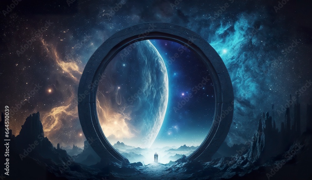 Portal to another world. Futuristic cosmic landscape with circle tunnel ...