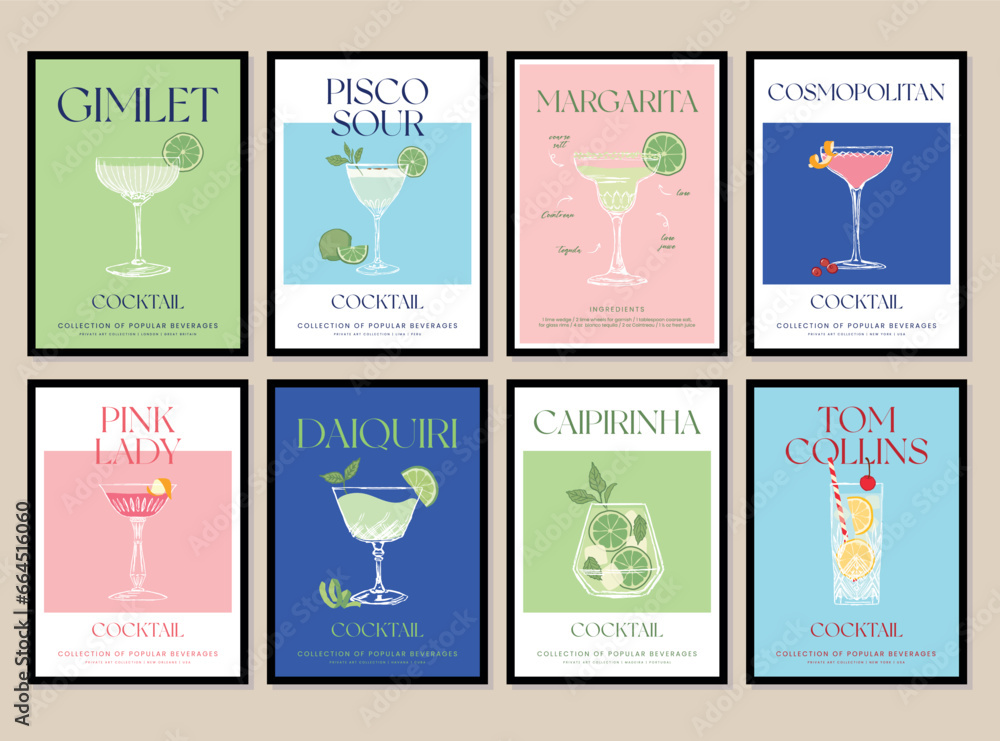 Set of printable posters of cocktail illustrations. An illustration of ...