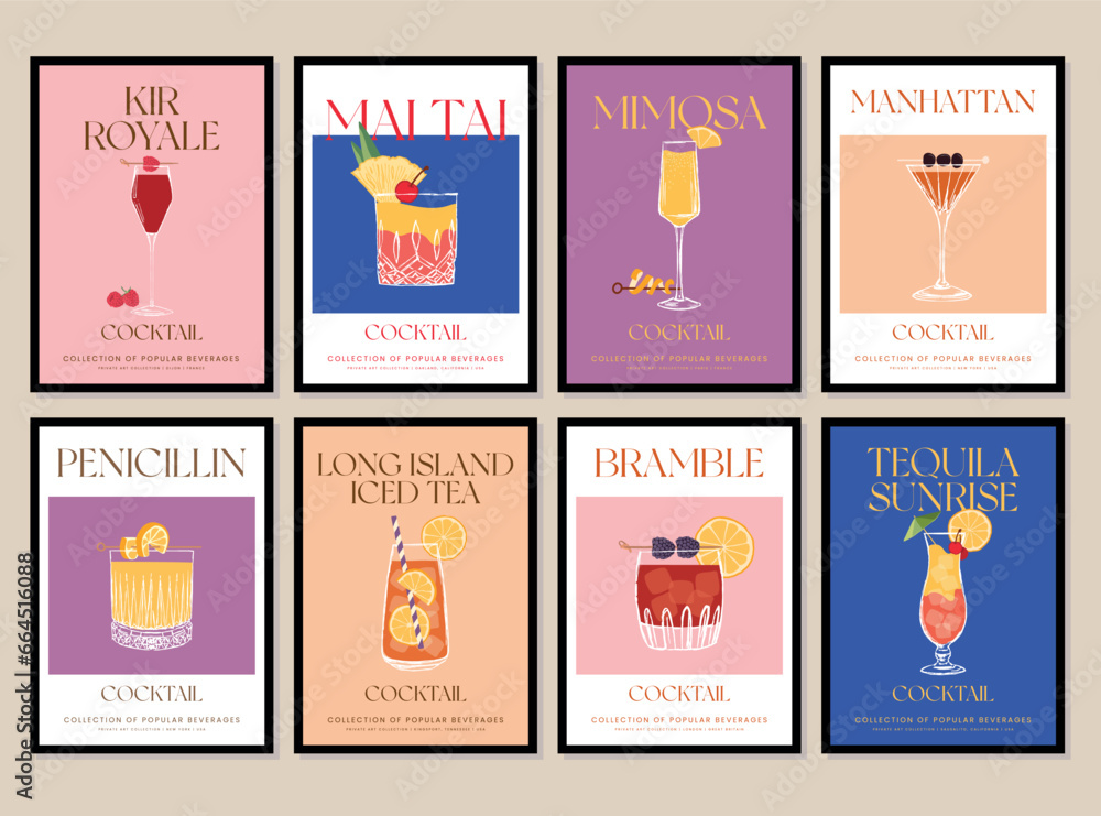 Set of printable posters of cocktail illustrations. An illustration of ...