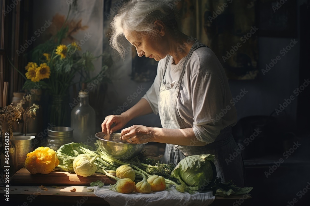 Old woman cook portrait kitchen elderly lifestyle adult female food ...