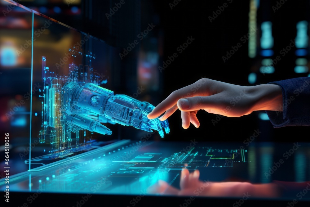 Futuristic abstract image of human hand touching an information digital ...