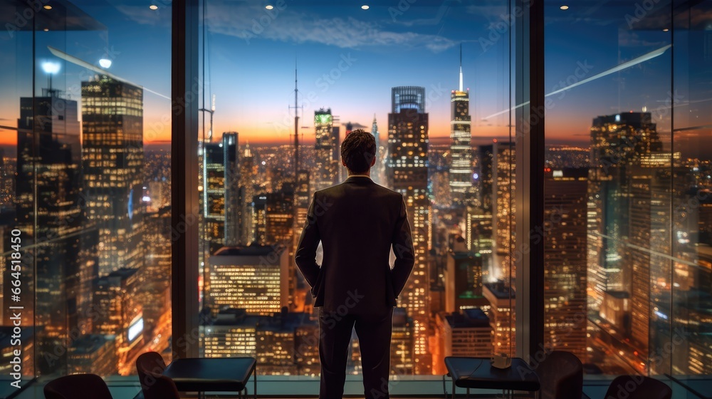 Full back view of successful businessman in suit standing in office ...