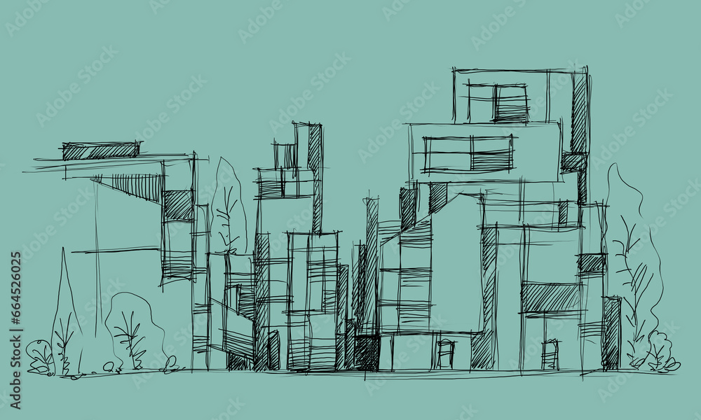 Architecture sketch of building, hand drawn architectectural sketch ...