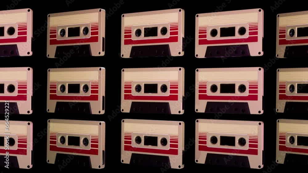 3d cassette objects in grid lines columns. Rotation in rows with black ...