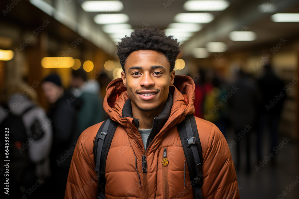 University student with curly hair, sporting an orange puffer jacket ...