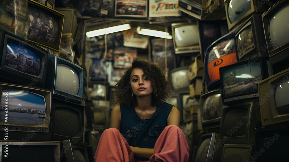 girl old fashioned tv set, y2k nostalgic photography, 80s fashion and ...