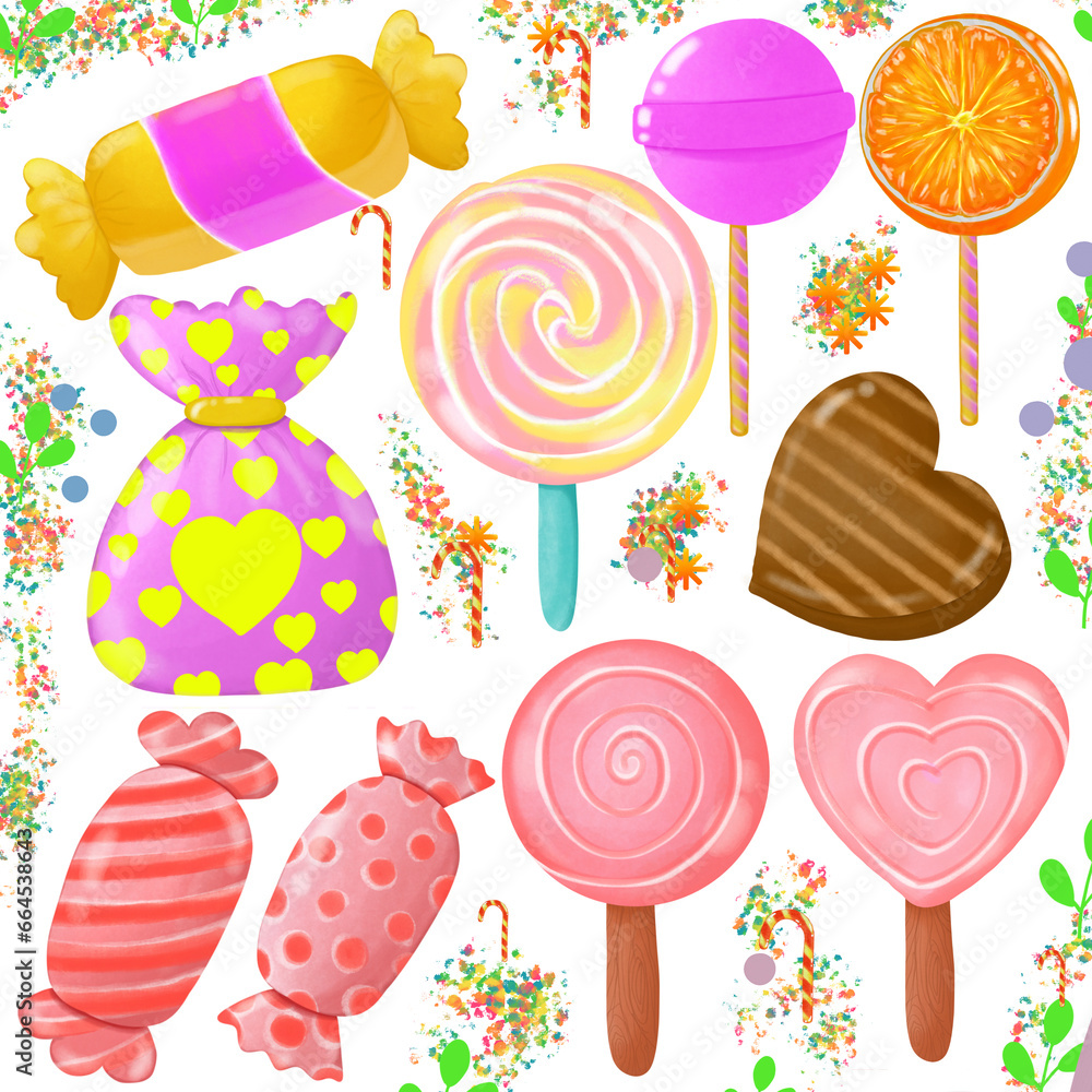 set of candies, lollipop, sugar caramel in wrapper, gums and twisted ...