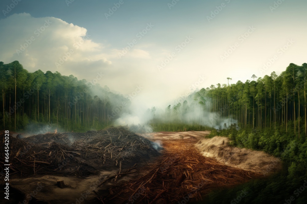 An image depicting a deforested area contrasted with a lush, untouched ...