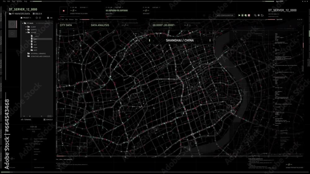 Spy data analysis system inspecting the night map of the big city. Spy ...