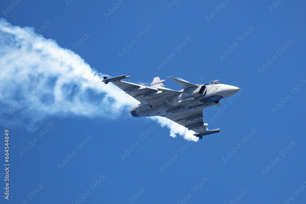 Military fighter jet plane at air base. Airport and airfield. Air force ...