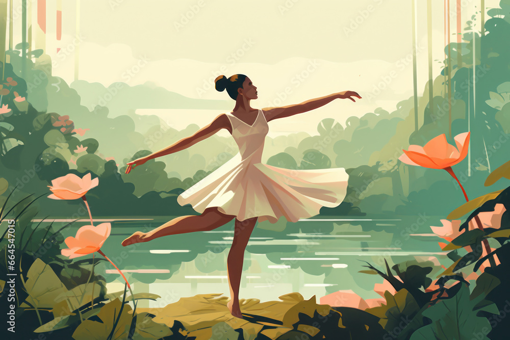 dark skin poc woman elegantly dancing in flowing long dress in spring ...