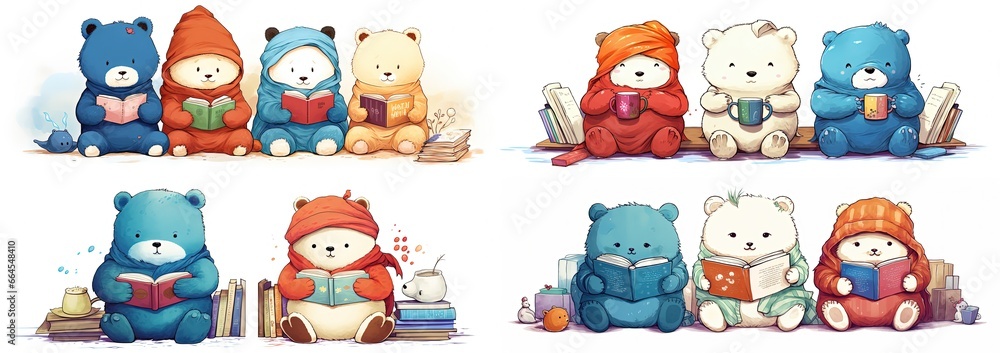 cartoon illustration, teddy bears reading book together, happy ...