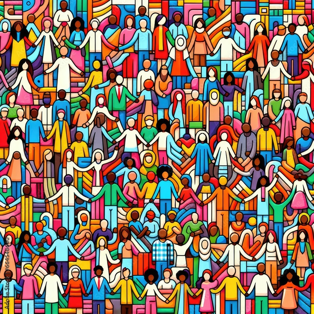 Colorful illustration where diverse characters of different shades and ...