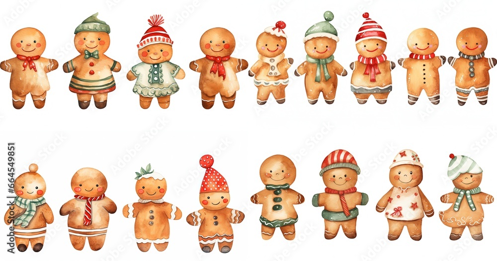 watercolor style cartoon illustration of cute ginger bread wearing ...