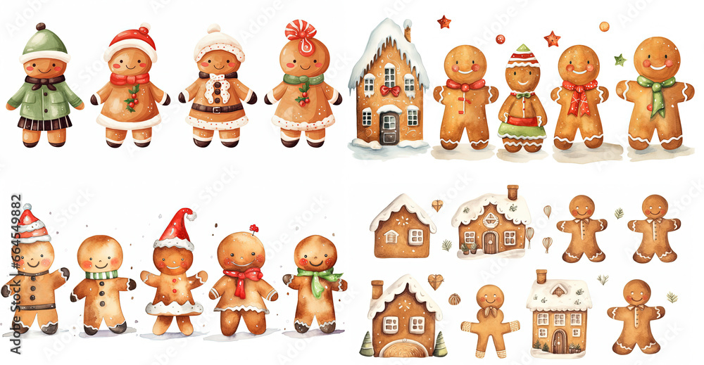 watercolor style cartoon illustration of cute ginger bread wearing ...