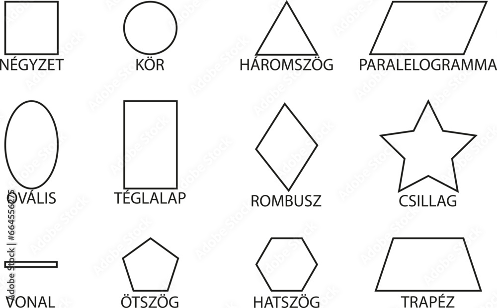 Coloring of figures and names for them on Hungarian. Train, paint ...