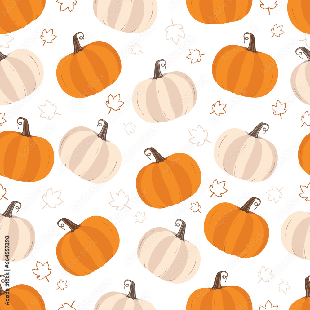 Flat style pumpkins and leaves seamless pattern design minimal style ...