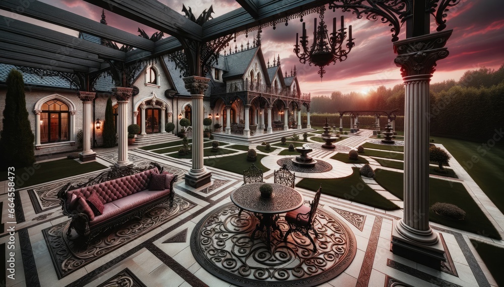 Spacious backyard reflecting gothic aesthetics. The area is dominated ...