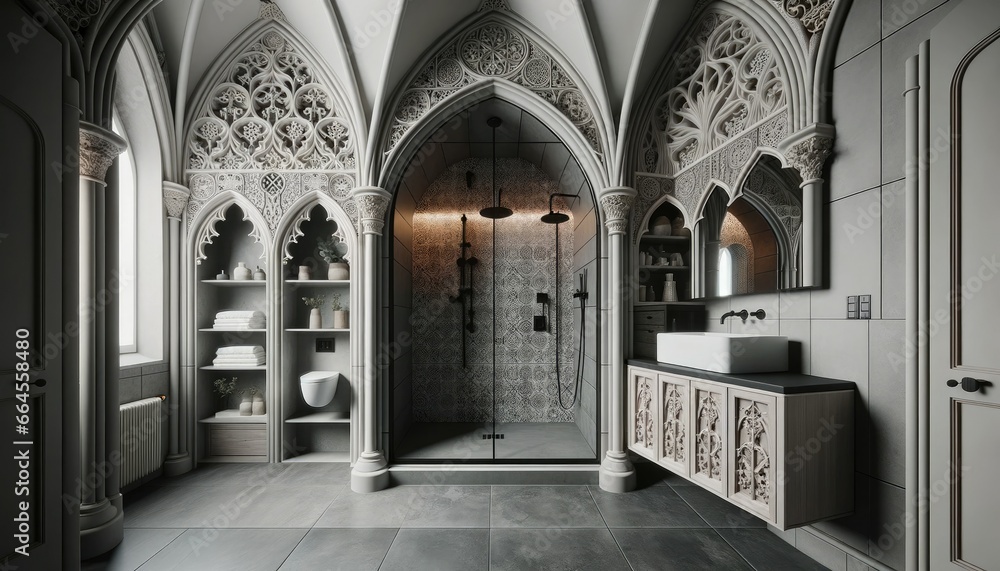 Contemporary bathroom embracing gothic aesthetics. The room features a ...