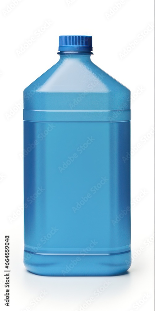 One-liter plastic container of blue coolant with a white label ...