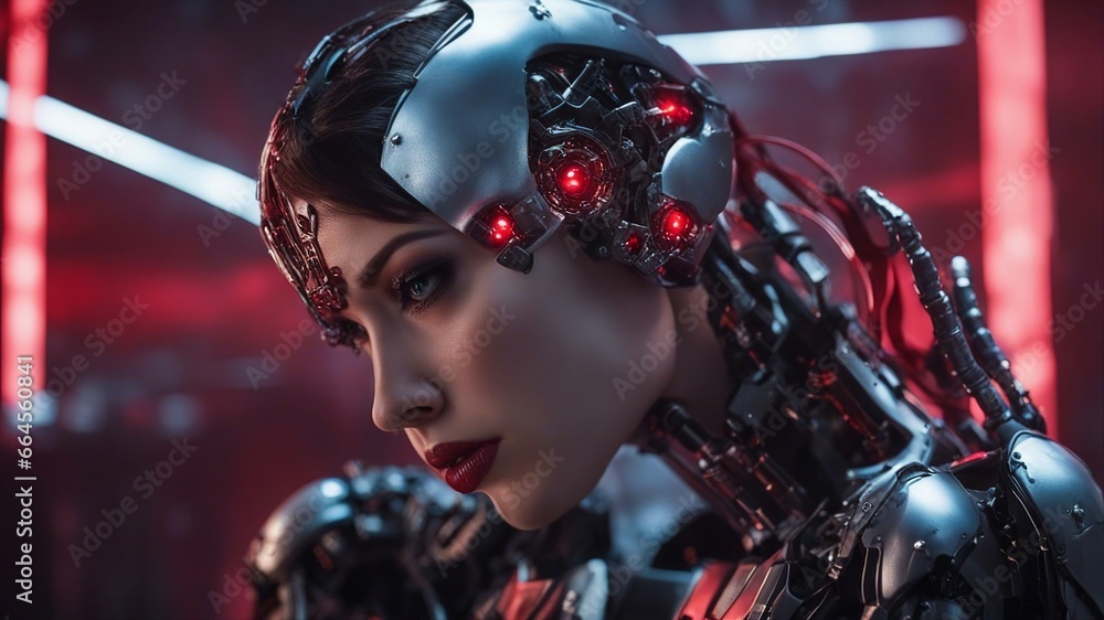 cyber girl half human half robot showing robot underneath, A horror ...
