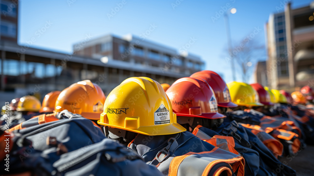 A vibrant shot of construction site safety gear, including hard hats ...