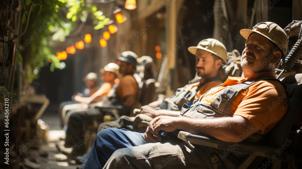 A reflective image of construction workers resting in the shade during ...