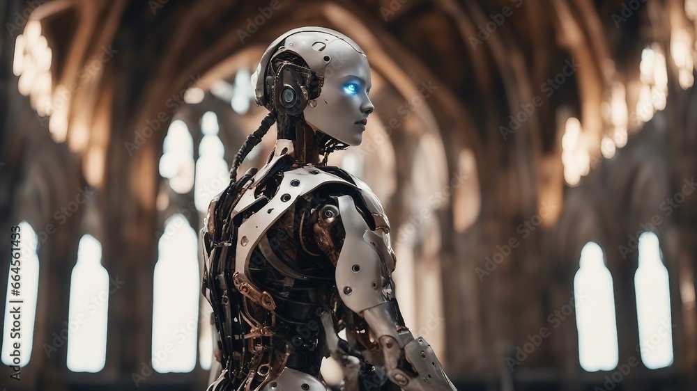 ripped flesh revealing robot under human skin, Cyborg girl in cathedral ...
