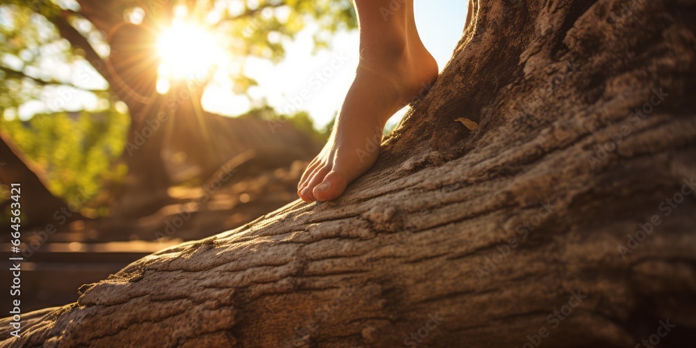 Bare Feet Gracefully Resting on a Tree Trunk, Bridging the Gap Between ...