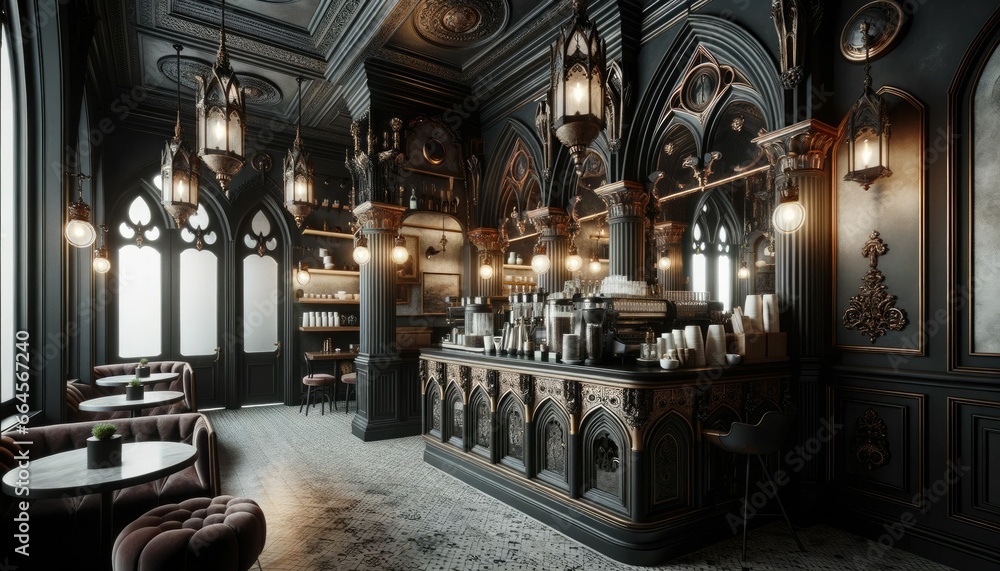 Coffee shop interior reflecting gothic design principles. The room ...