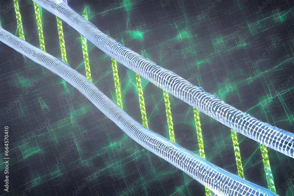 3D illustration of an Abstract Mutated DNA Unraveled helix strand on ...