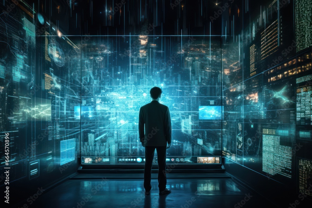 Immersed In Ai Driven Data Analyst Navigates Massive Screens Dynamic Visualizations Stock