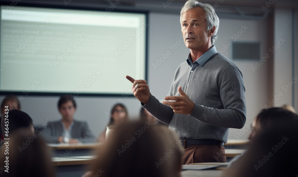 Professor, Teacher Man 55 years old with grey hair giving a lecture at ...
