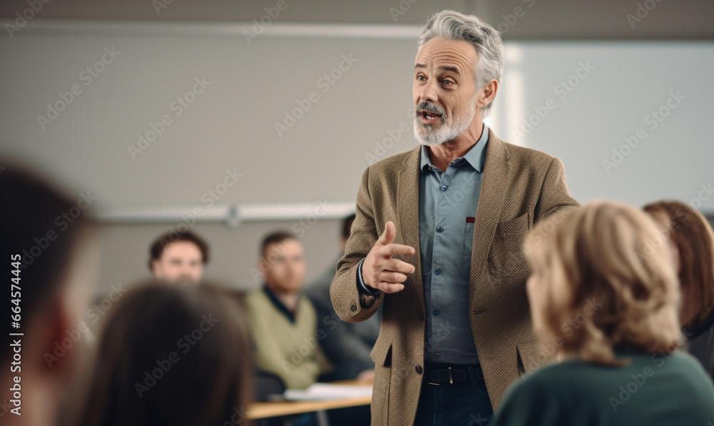 Professor, Teacher Man 55 years old with grey hair giving a lecture at ...
