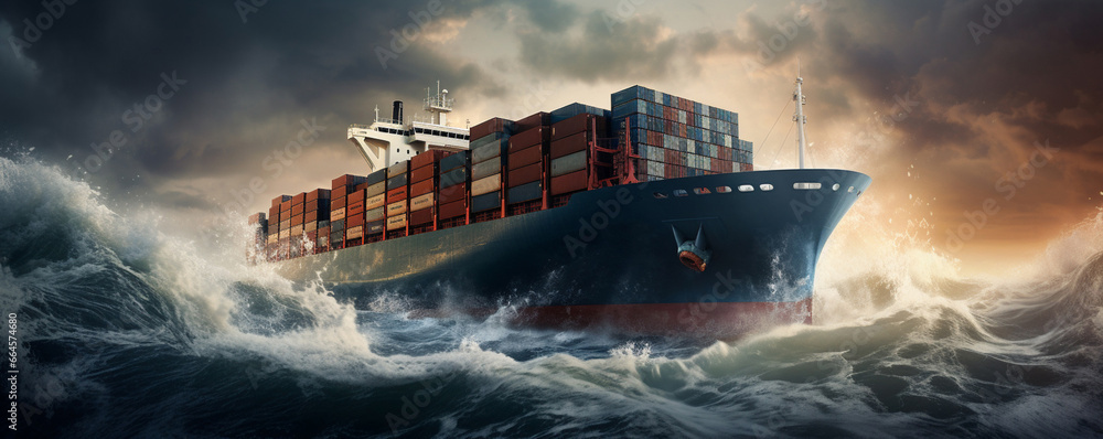 Cargo ship liner with containers on board in storm sea. Seaport ...