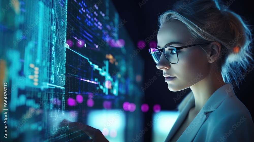 Software, coding hologram and woman thinking about data analysis ...