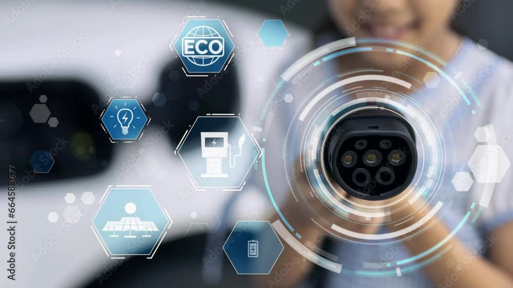 Focus EV charger pointing in front of camera display futuristic eco ...