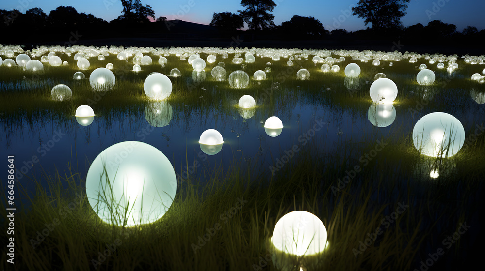 Field of floating, luminescent orbs, surreal background, landscape ...